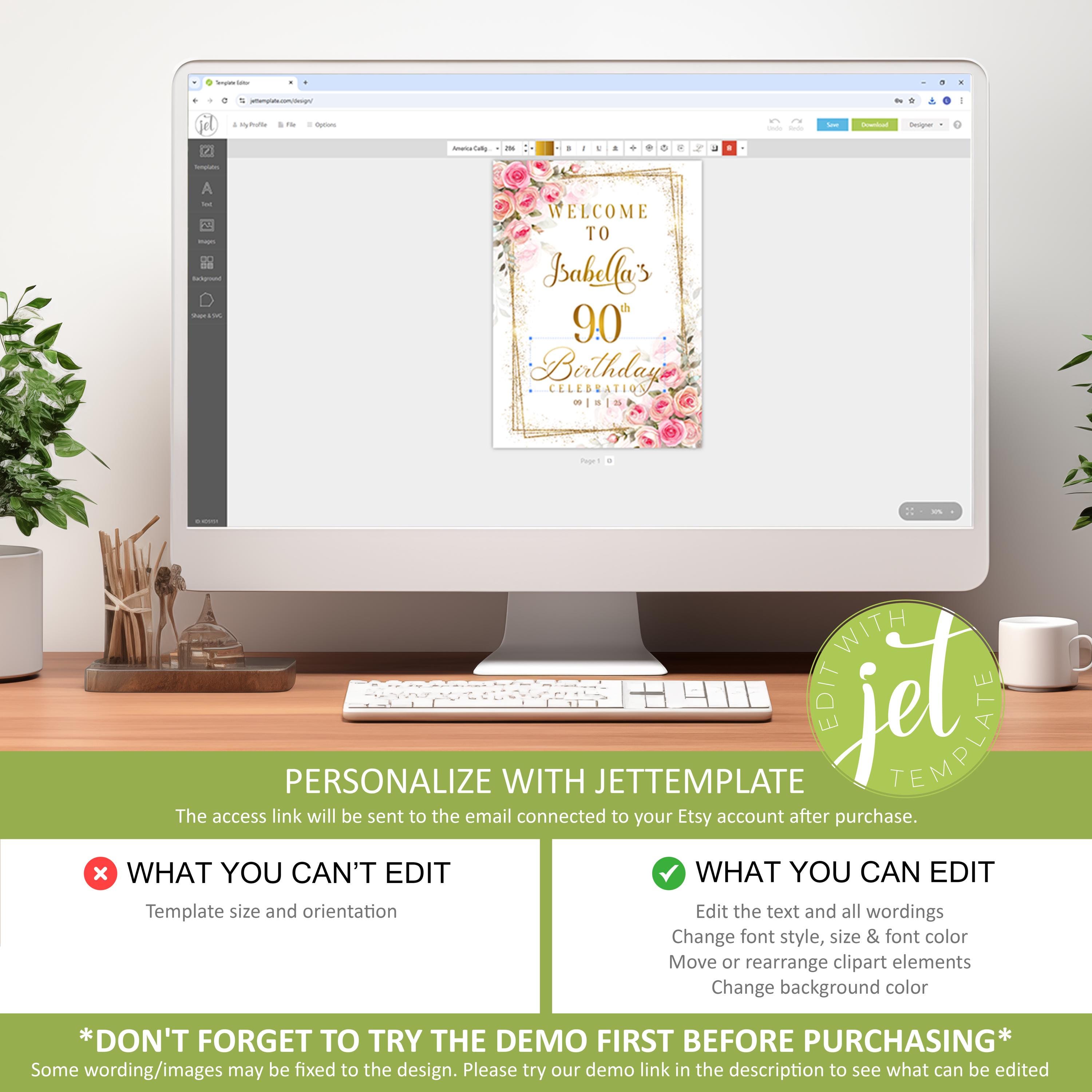 Pink Roses 90th Birthday Party Welcome Sign Template for Women, Pink ...