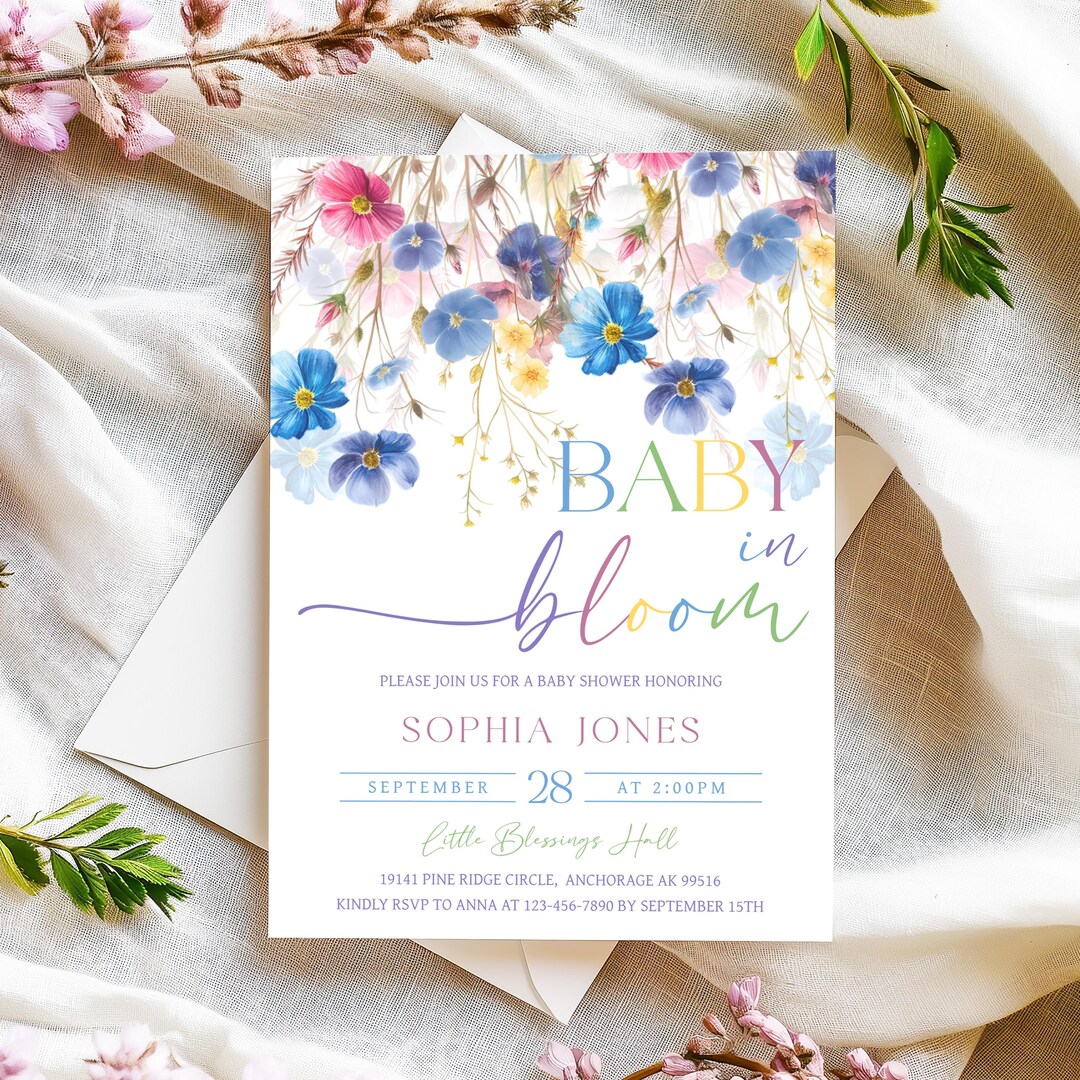 Pastel Baby in Bloom Baby Shower Invitation, Colorful Watercolor ...