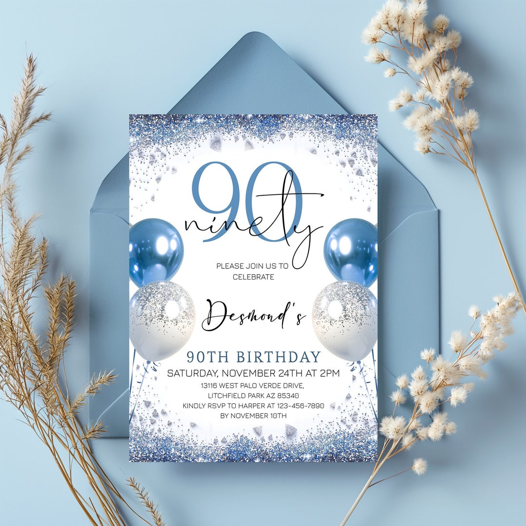 90th Birthday Invitation Template, Editable 90th Birthday Party Card ...
