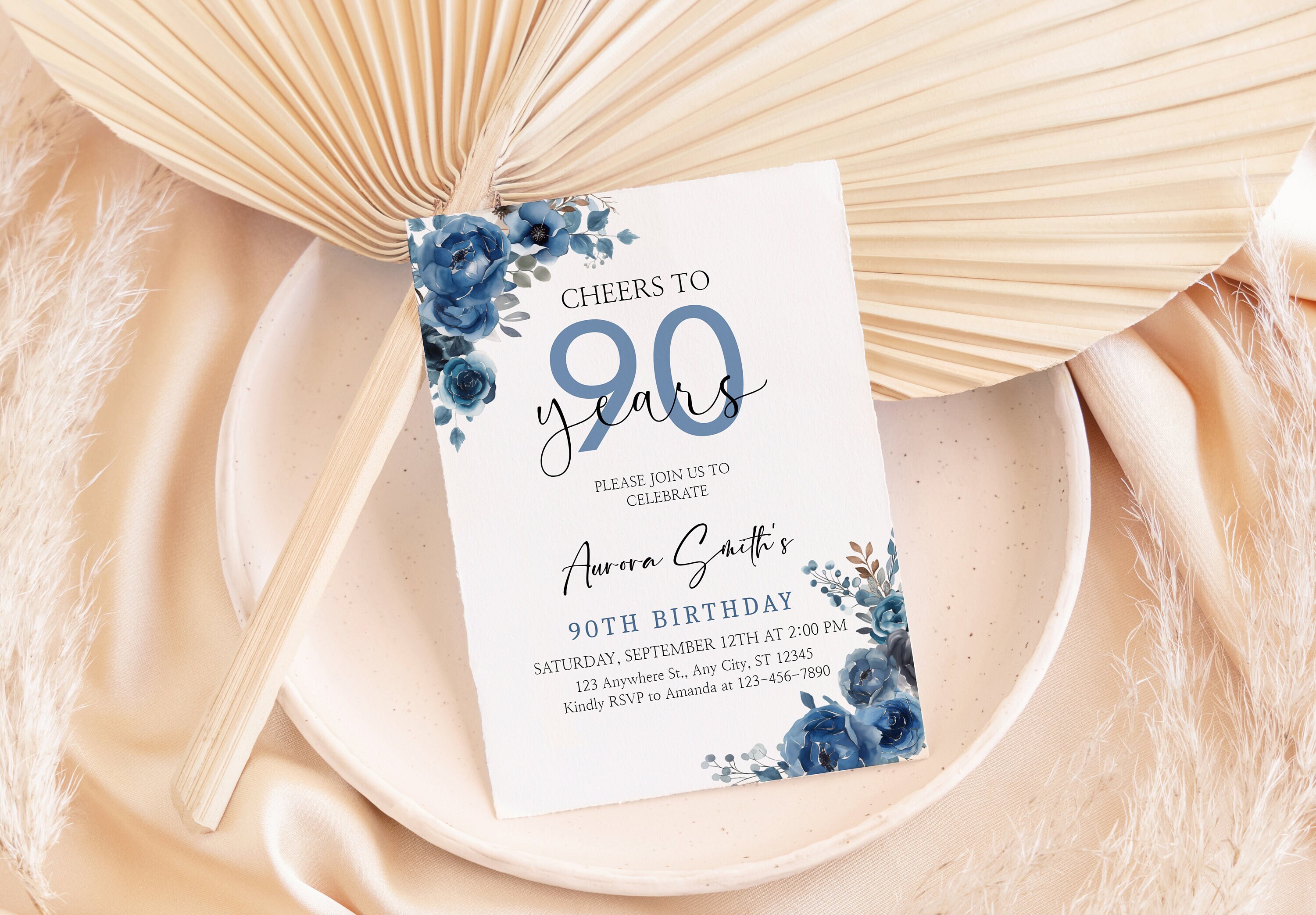 Floral 90th Birthday Invitation Template, 90th Birthday Invitation for ...