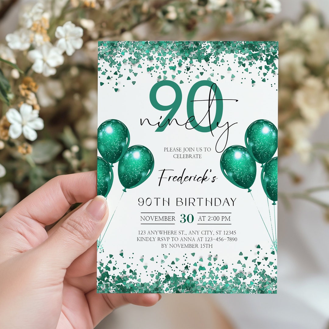 Green Balloons 90th Birthday Invitation for Man, 90th Birthday Party ...