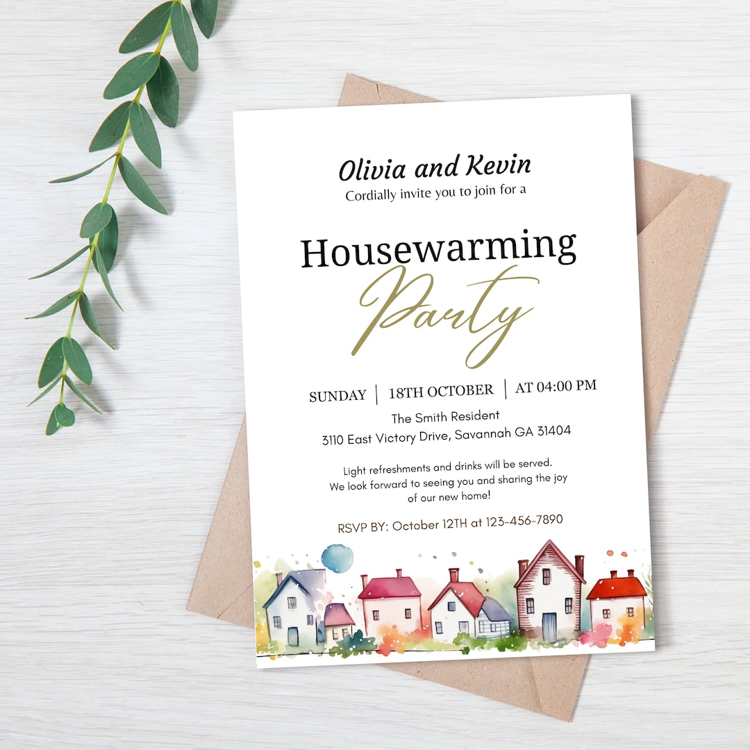 Housewarming Invitation Template, Watercolor Small Houses New Home ...
