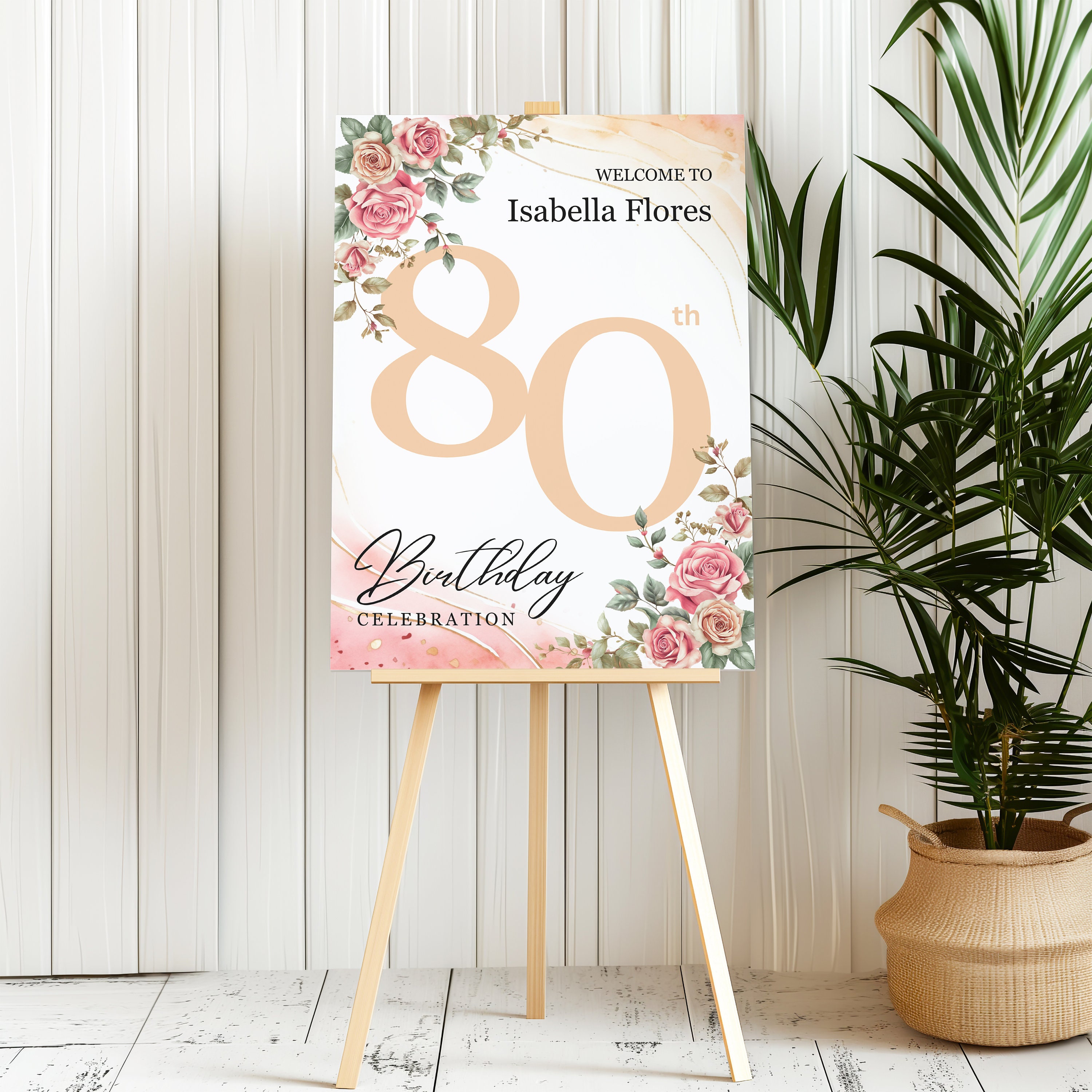 Pink Roses 80th Birthday Welcome Sign Template, Printable 80th Birthday ...