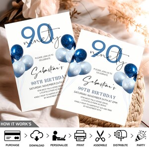 Blue 90th Birthday Invitation Template, Editable 90th Birthday Party ...