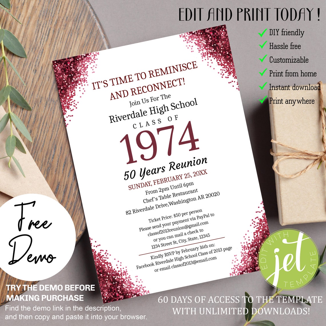 Editable Class Reunion Invitation Template, Digital High School Reunion ...