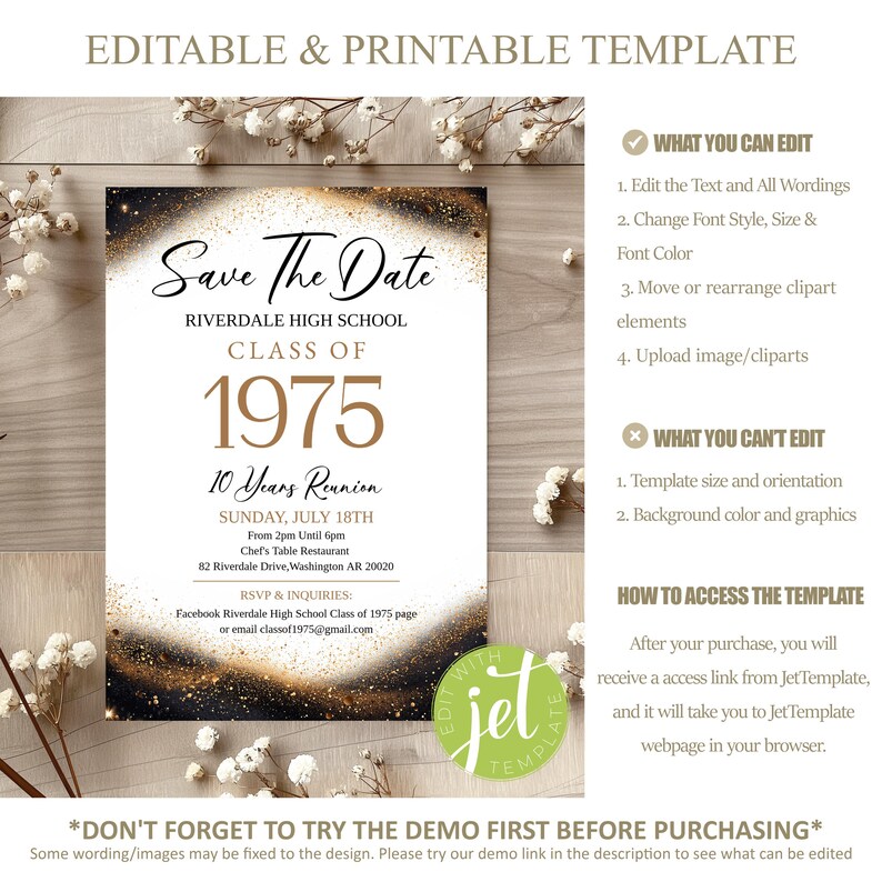 Editable Save the Date Class Reunion Invitation, Digital High School ...