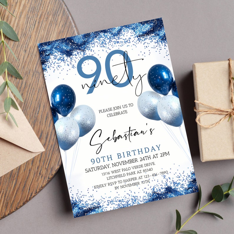 90th Birthday Invitation Template, Editable 90th Birthday Party Card ...