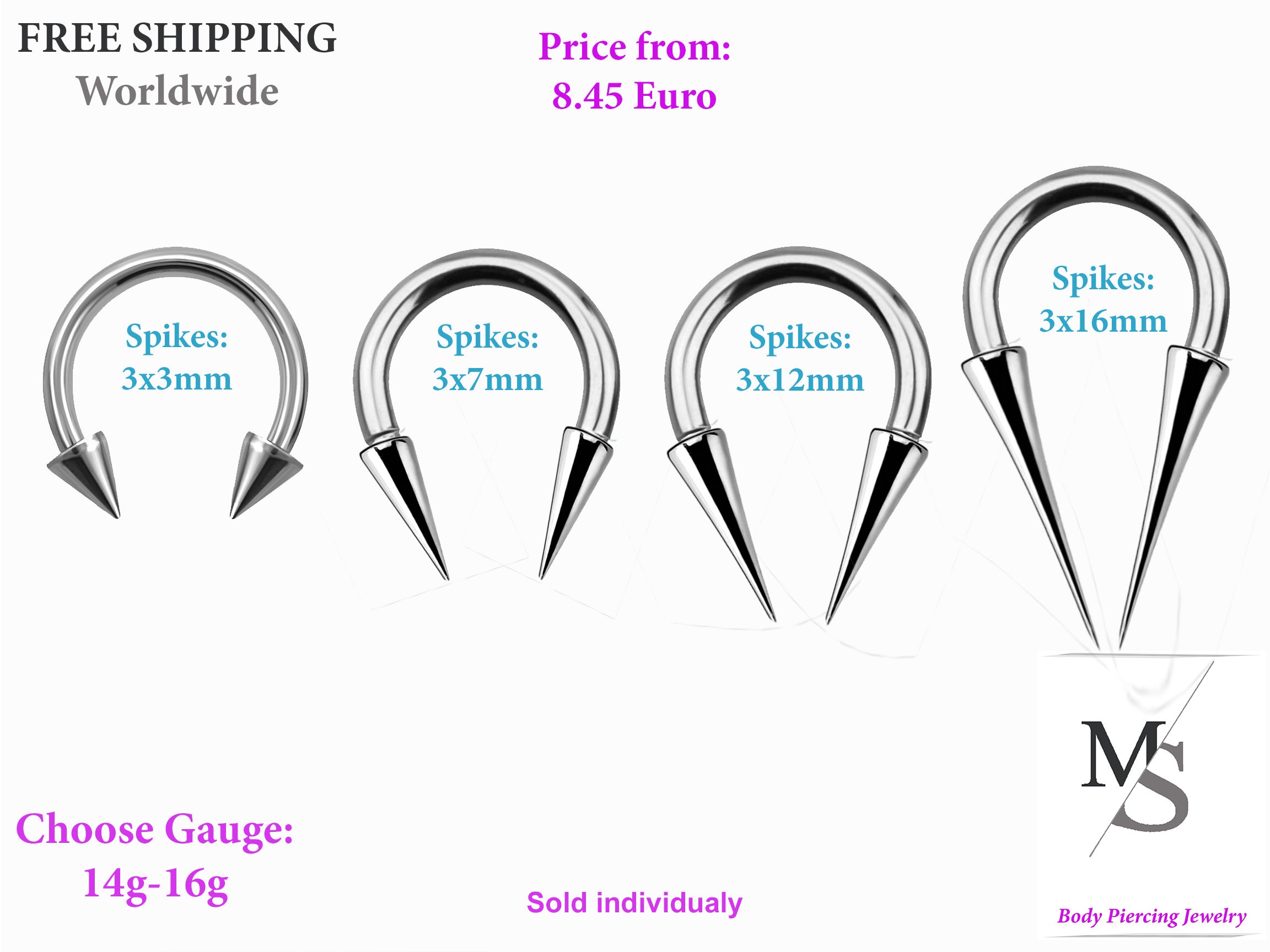 Septum, Horseshoe Circular Barbell With Very Long Spikes.16g & 14g, 1.6mm, 1.2mm.spikes, Conch ...