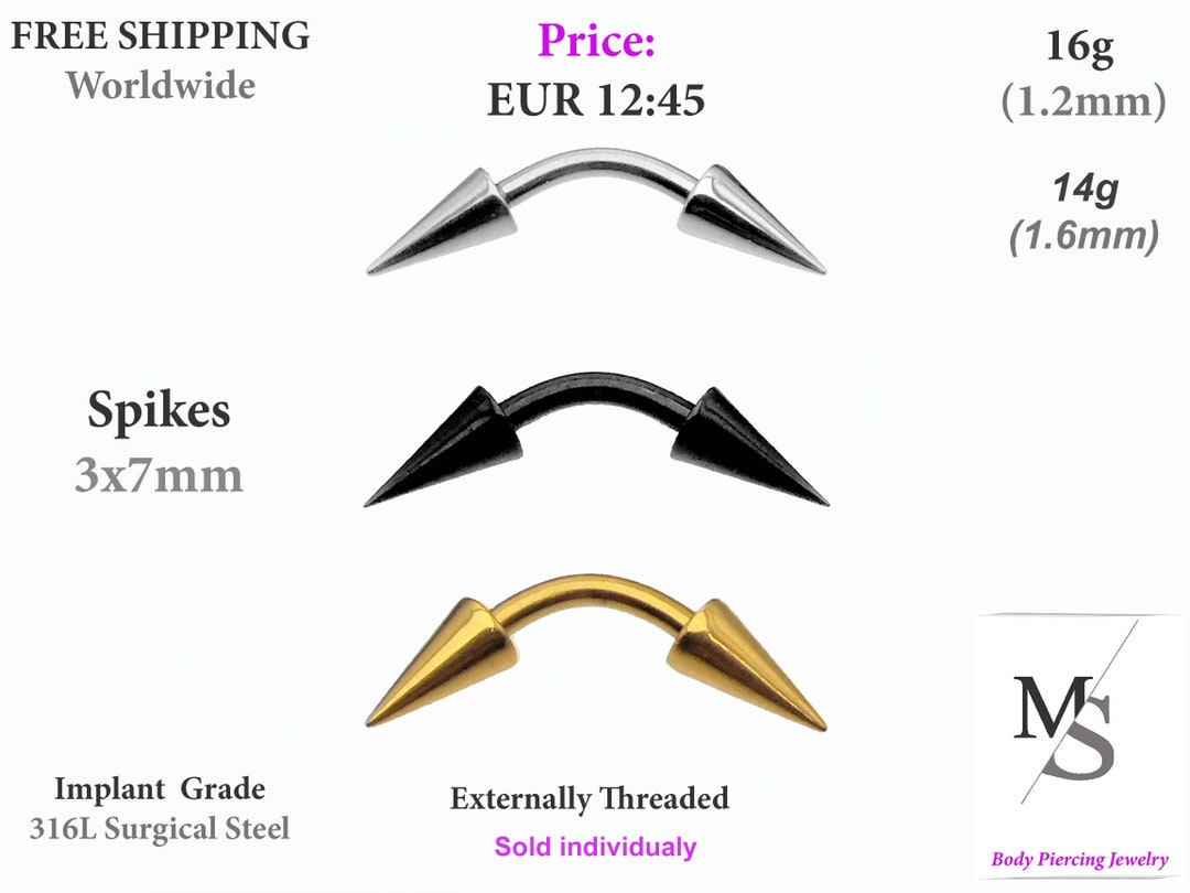 Septum, Curved Barbell With Very Long Spikes, 3x7mm, Gauge 16g & 14g, 1 ...