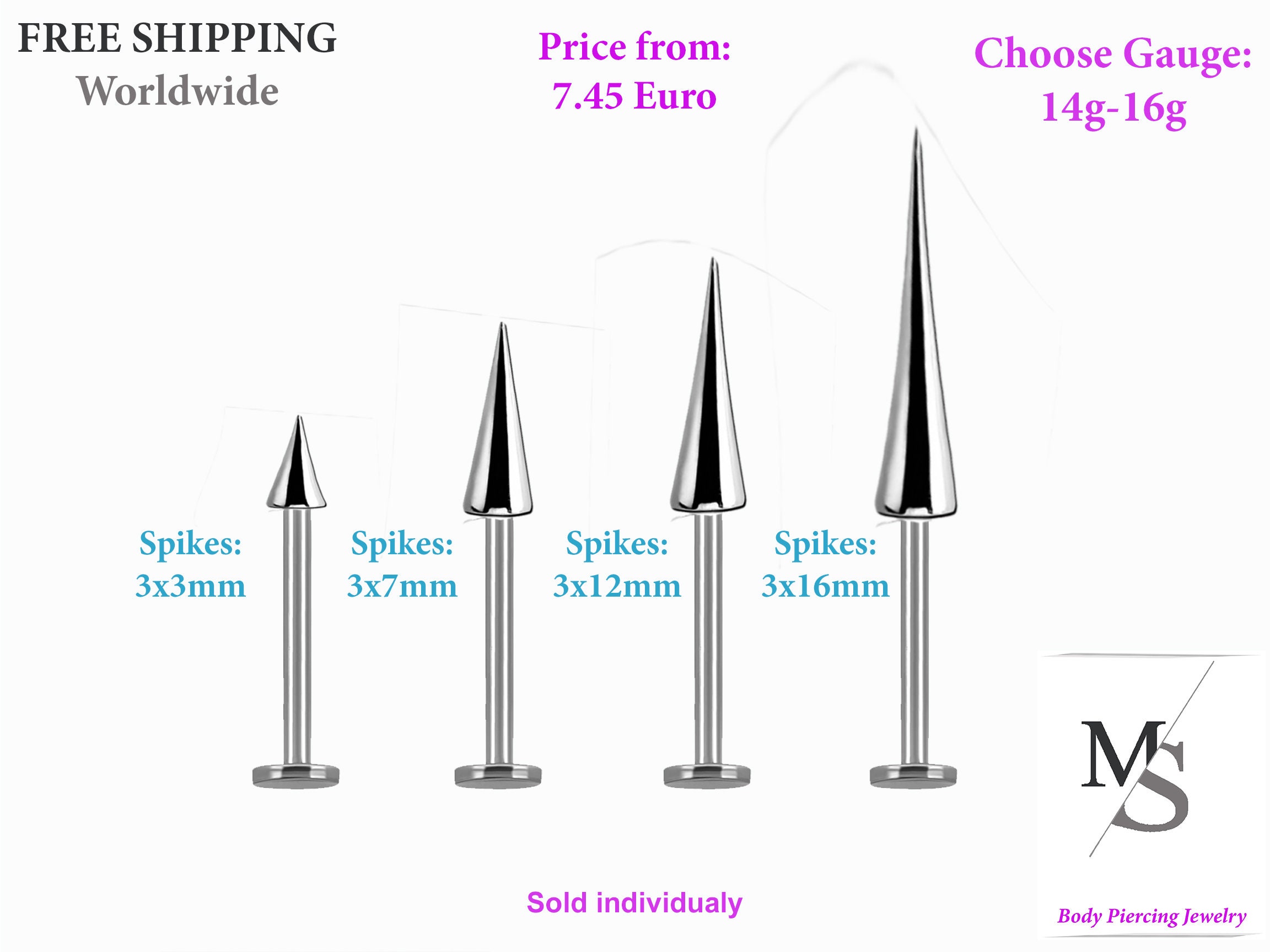 Labret Barbell, 14g & 16g Lip Piercing, Snake Bites,1.2mm, Long Spikes ...