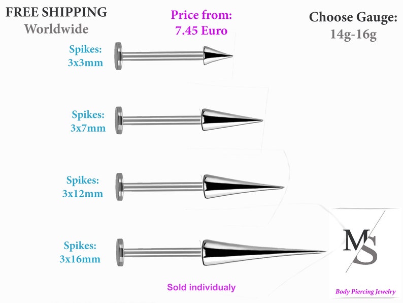 Labret Barbell, 14g & 16g Lip Piercing, Snake Bites,1.2mm, Long Spikes ...