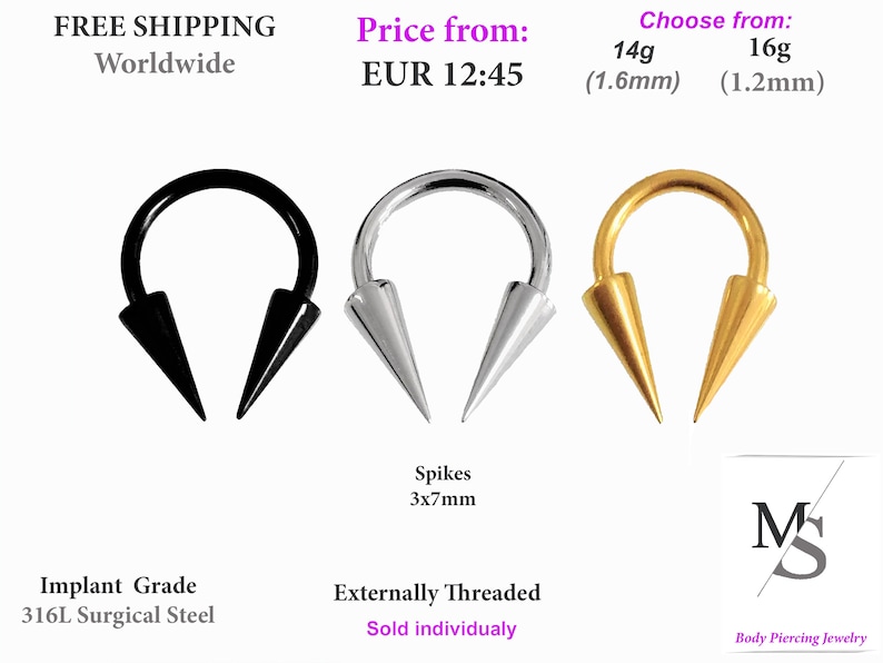 Septum, Horseshoe Circular Barbell With Very Long Spikes.16g & 14g, 1.6mm, 1.2mm.spikes, Conch ...