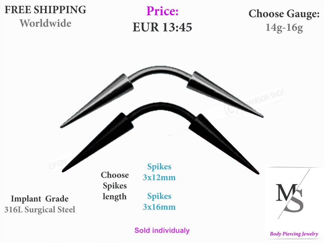 Septum, Curved Barbell With Very Long Spikes, 12mm,16mm, Gauge 16g ...