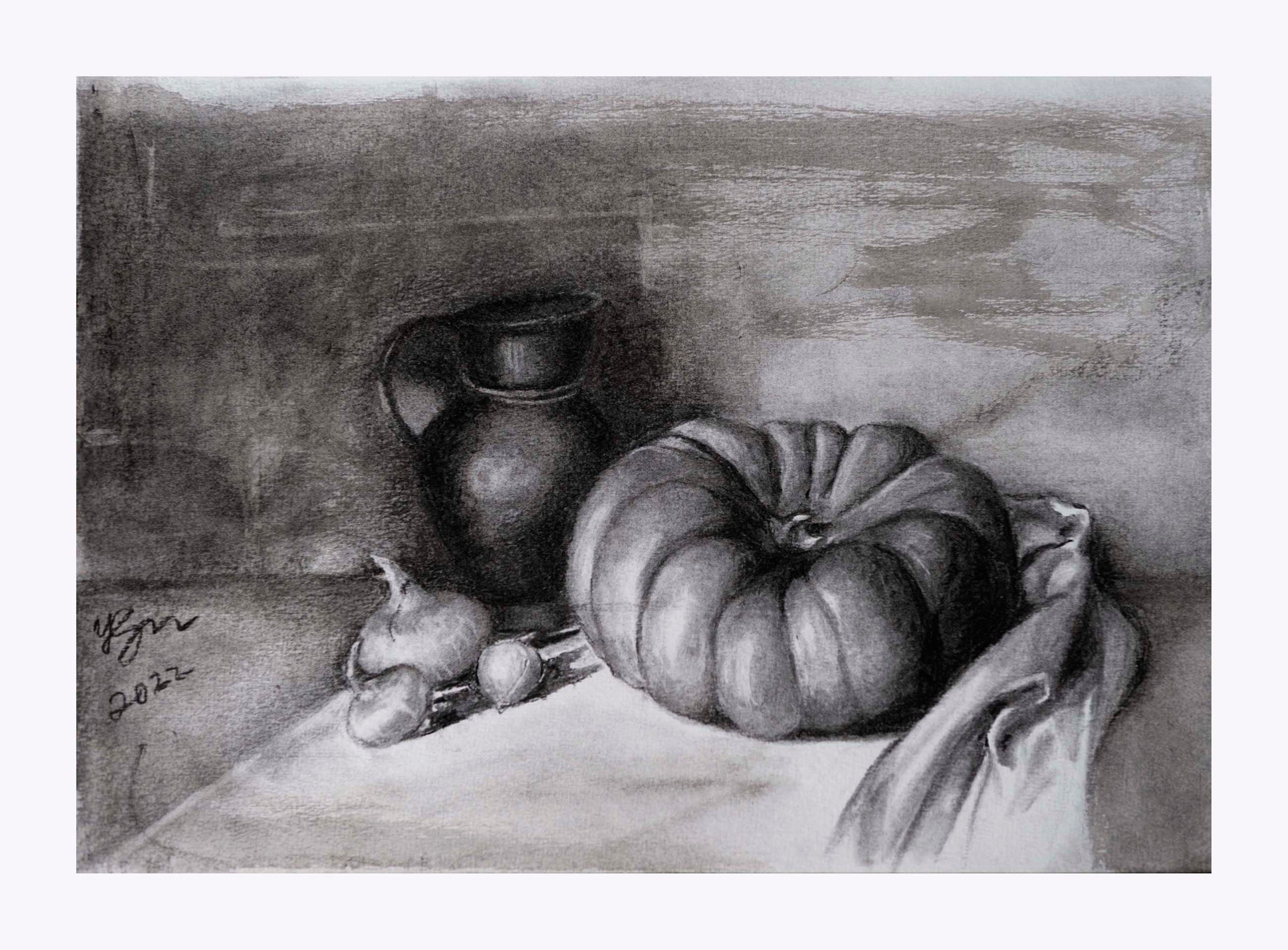 Still Life With Pumpkin. Charcoal and Graphite Pencil on Paper ...