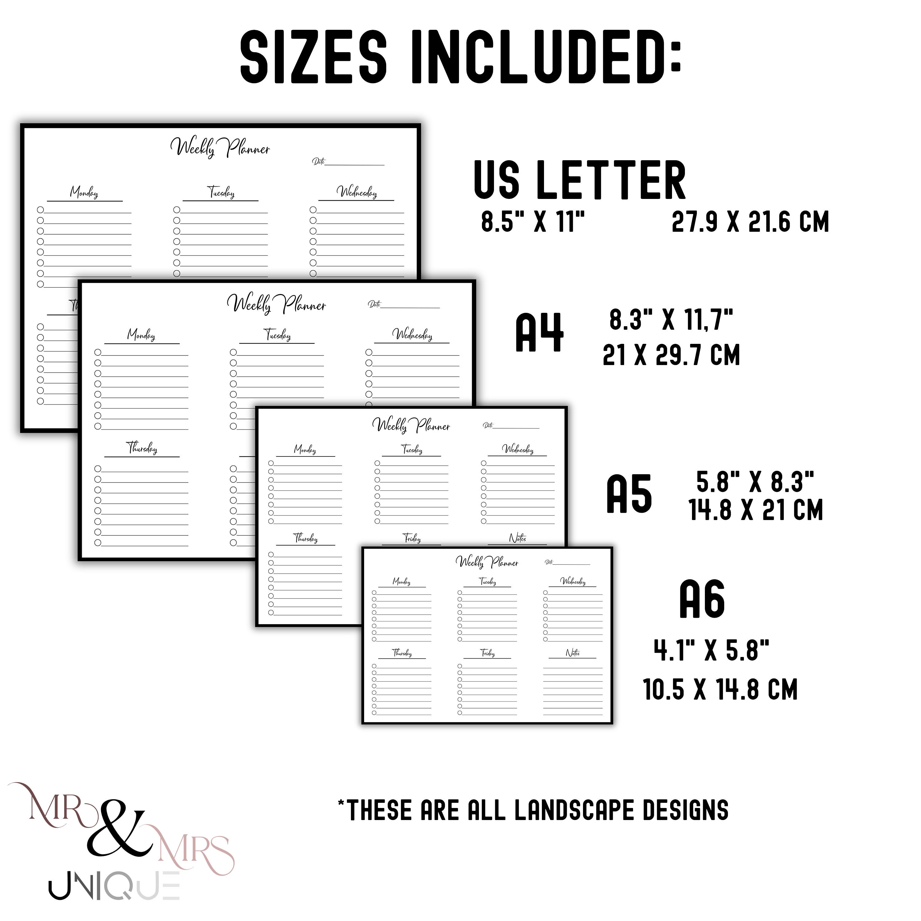 5 Day Weekly Planner Printable Pages Minimalistic Design A4 A5 A6 US ...
