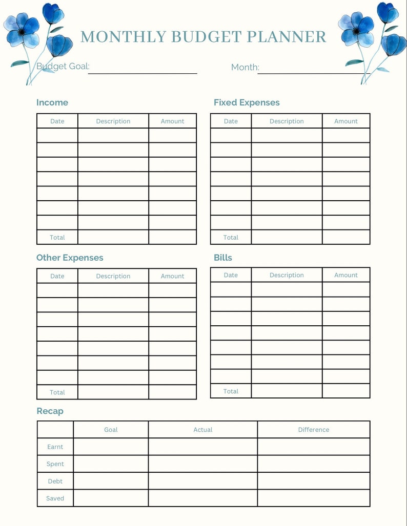 Printable Watercolor Blue Flower Monthly Budget Planner - Etsy