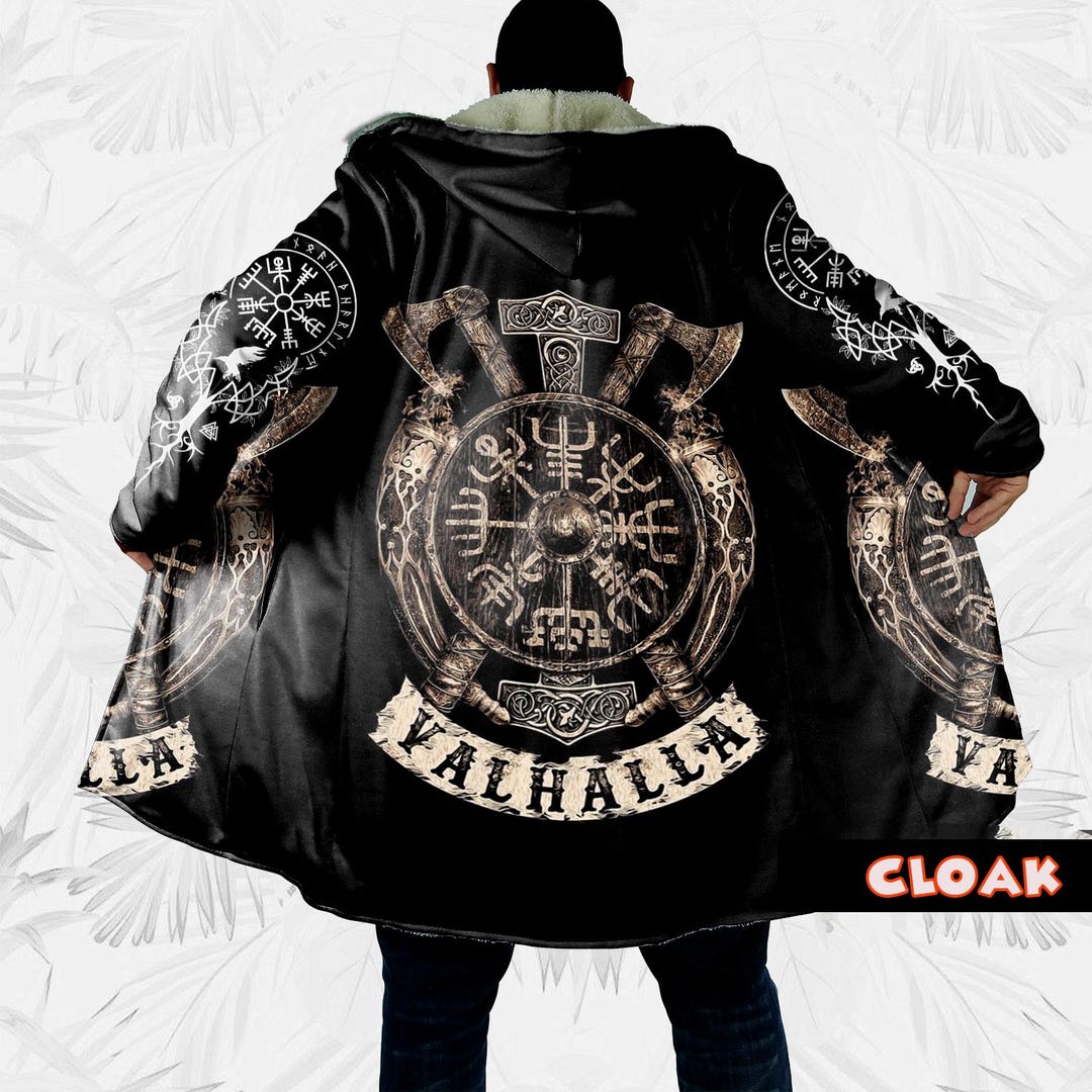 Viking Hooded Cloak, Viking Pattern Hooded Jacket, Festival Cloak Coat ...