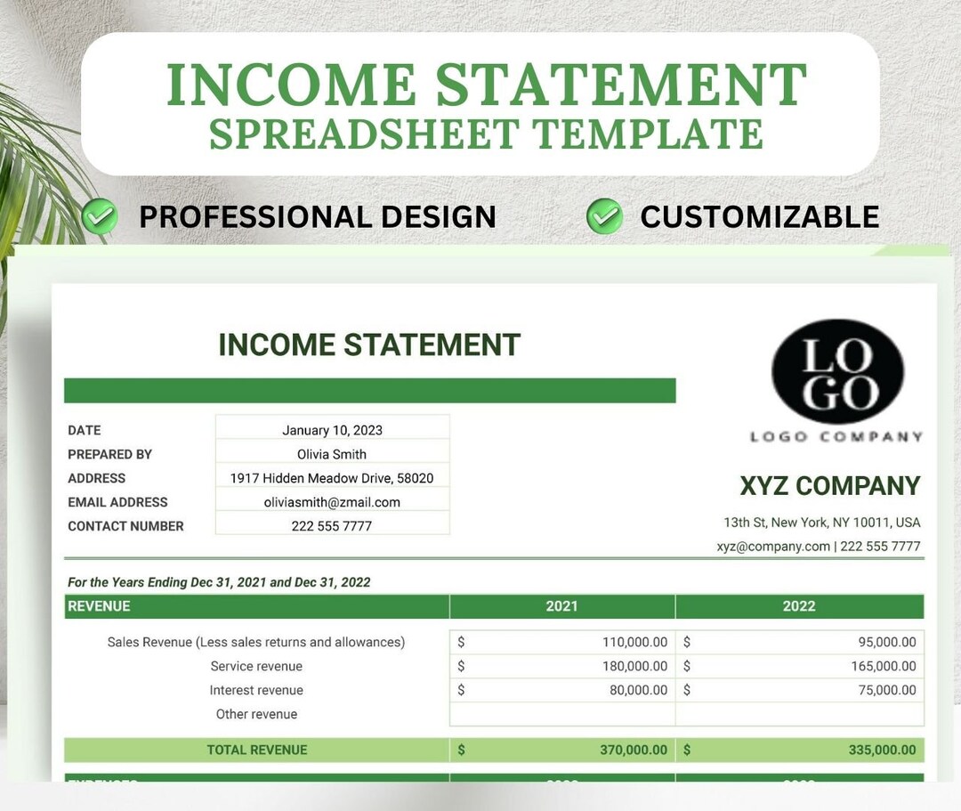 Income Statement Spreadsheet Template, Excel Sheet Template, Accounting ...