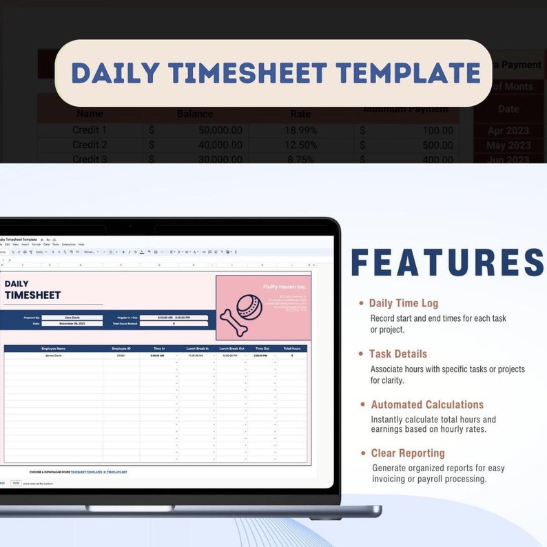Daily Timesheet Template, Excel Timesheet Template Bundle, Excel ...