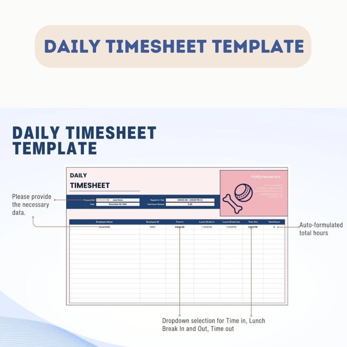 Daily Timesheet Template, Excel Timesheet Template Bundle, Excel ...