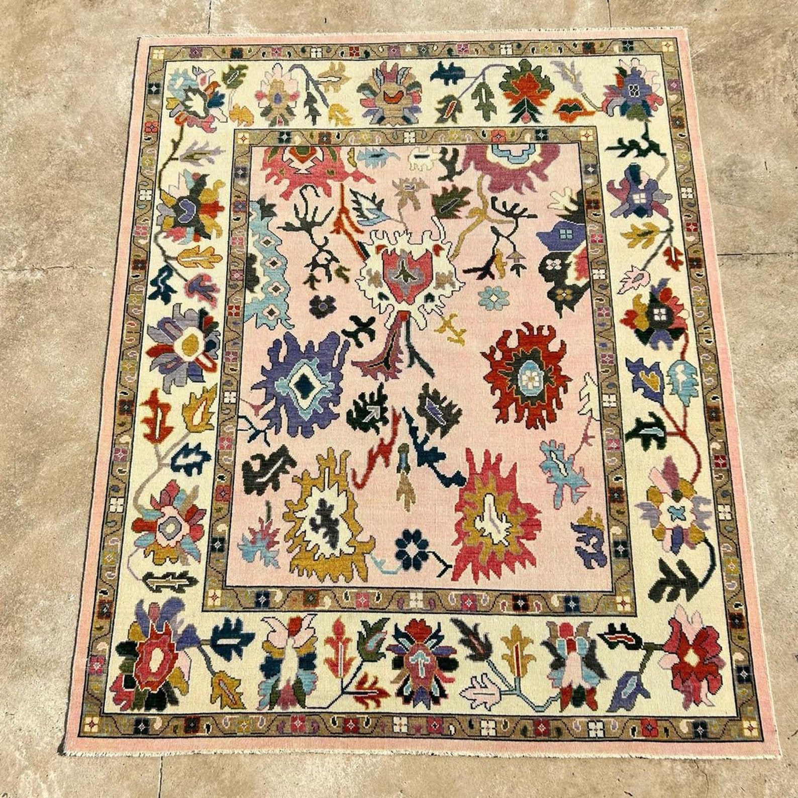Pink and Light Green Hand-knotted Oushak Rug 8x10 9x12 Vintage Area ...