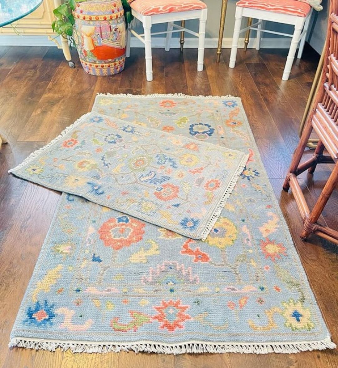 Light Blue Oushak Rug 3x5 5x7 8x10 Multi Color Hand Knotted Wool Rug ...