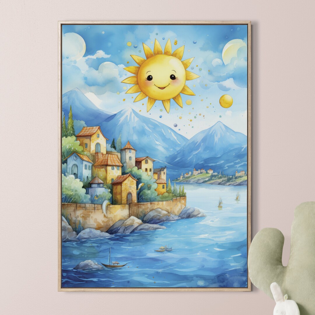 Sun Wall Art Smiling Sun Poster Smiling Sun Wallpaper Watercolor Sun ...