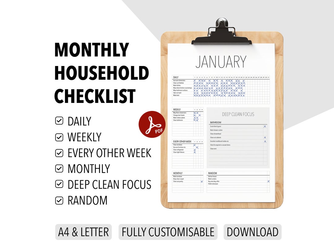 Editable Household Checklist Monthly Minimal - Etsy