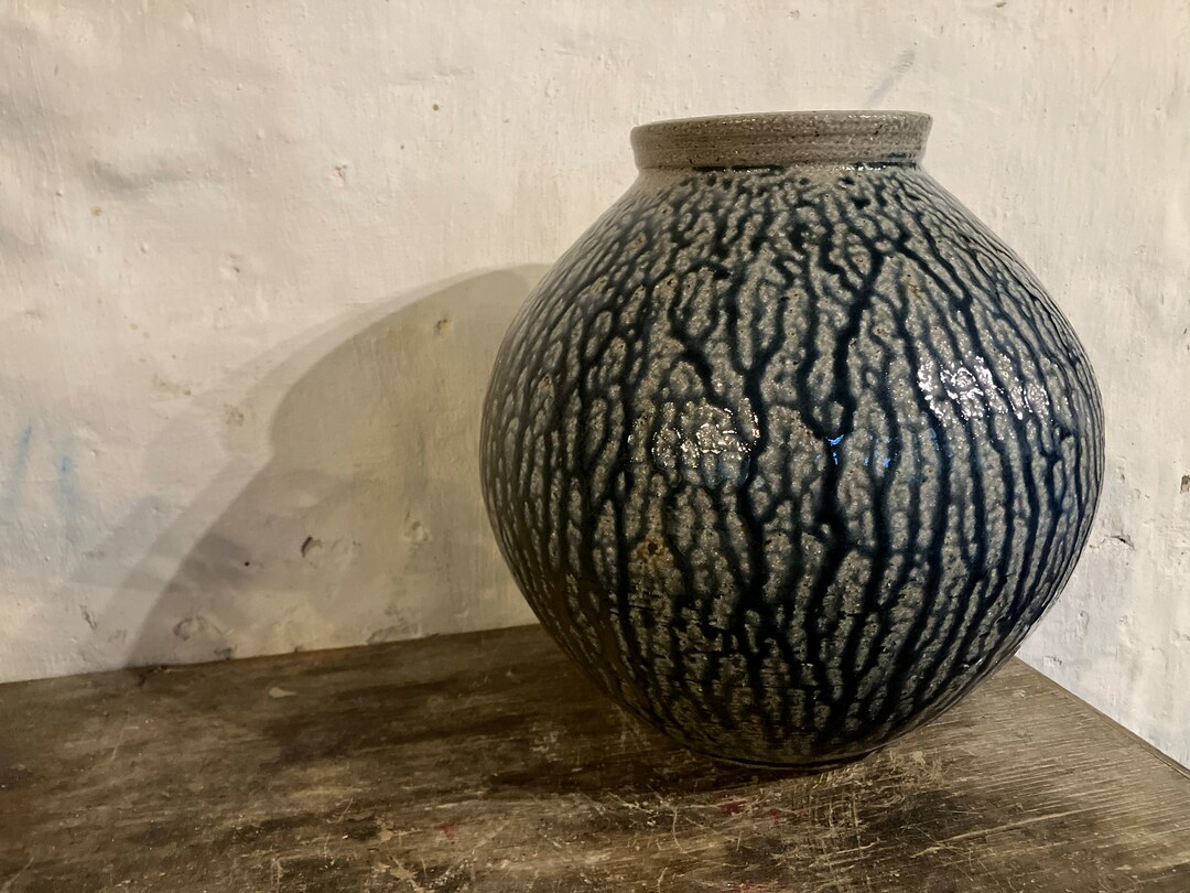 Salt Fired Vase With Blue Runny Glaze - Etsy