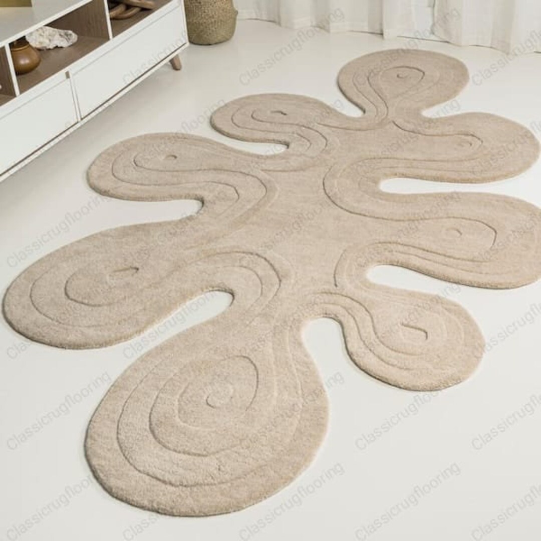 Amoeba Beige-color, Irregular Shaped Throw Rug Hand-tufted 100% Wool ...