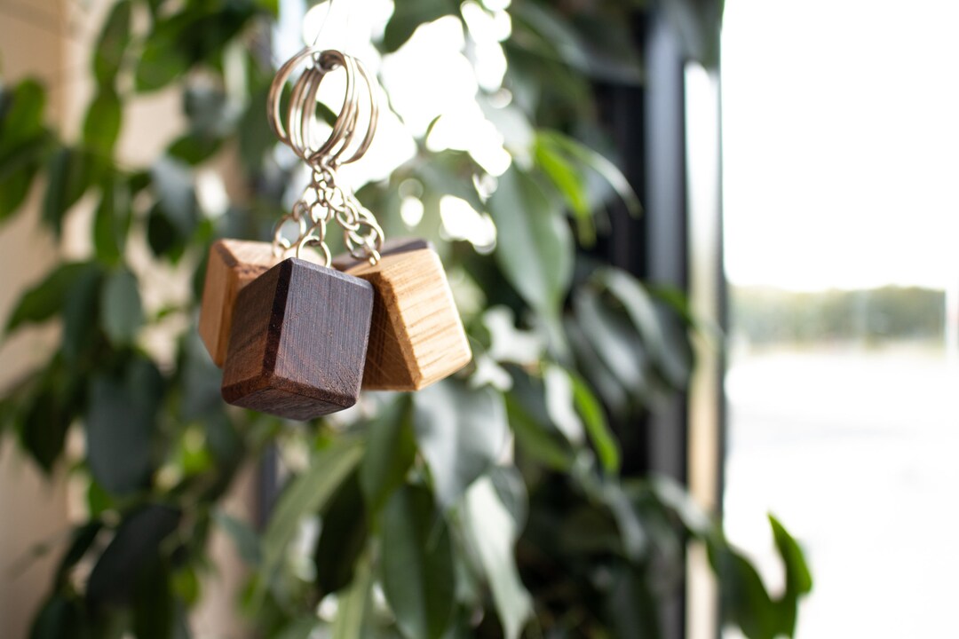 Handmade Keyring | Modern Keyring | Walnut and Oak Cube Wood Keychain ...