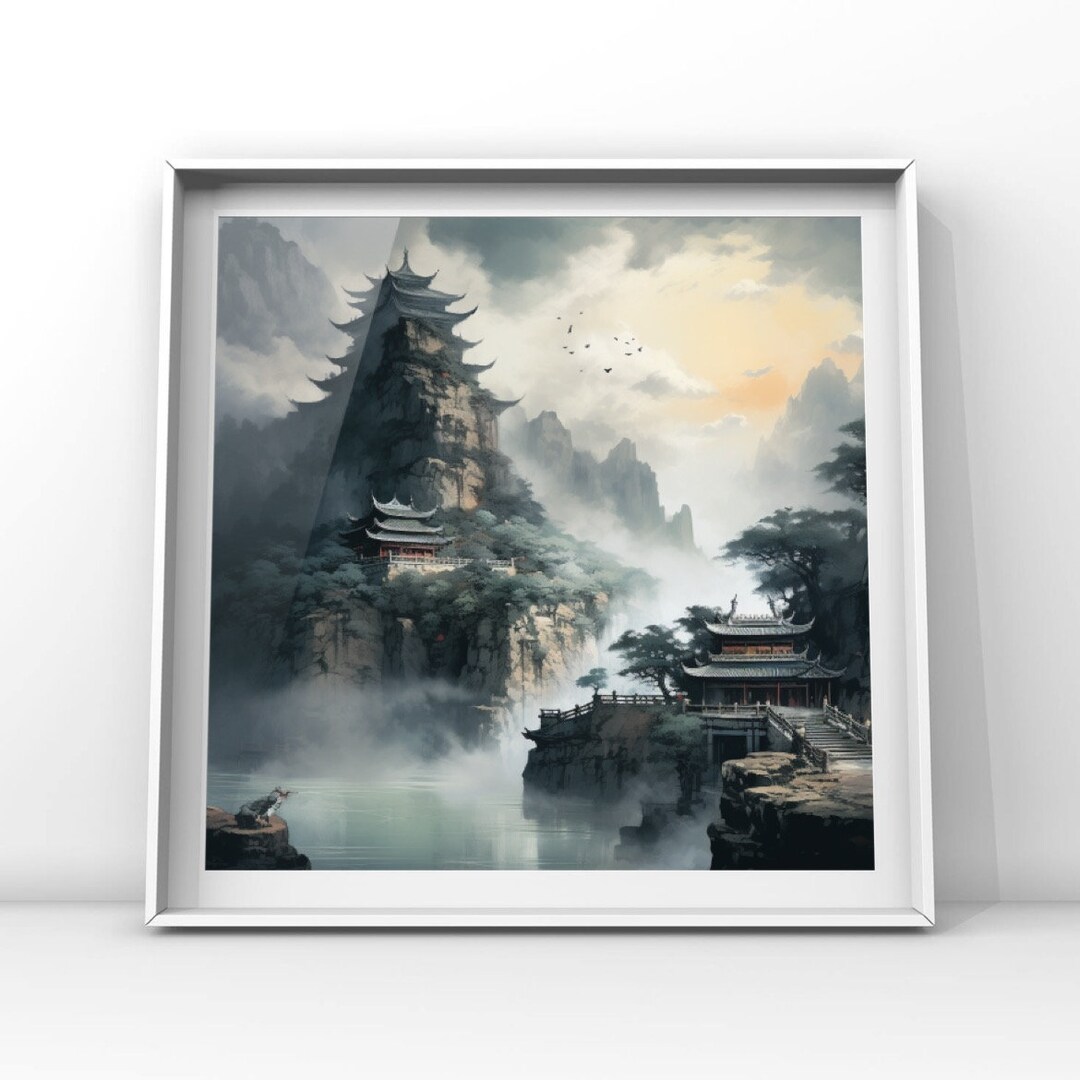 Ancient Temples: Ink Painting of Historic Beauty Artistic Wall Decor ...