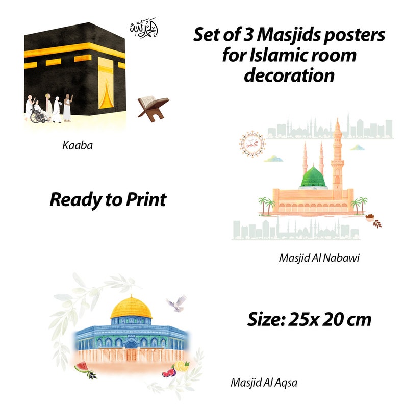 Set of 3, Islamic Nursery Posters, Kaaba, Masjid Al Nabawi, Masjid Al ...