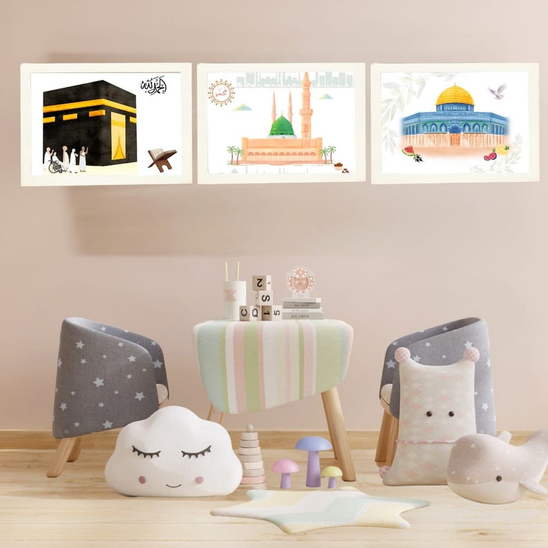 Set of 3, Islamic Nursery Posters, Kaaba, Masjid Al Nabawi, Masjid Al ...