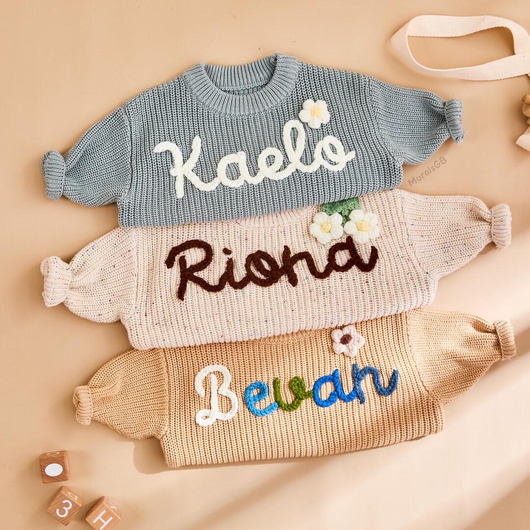 Hand Embroidered Baby Name Sweater With Flower, 100% Cotton Jumper ...