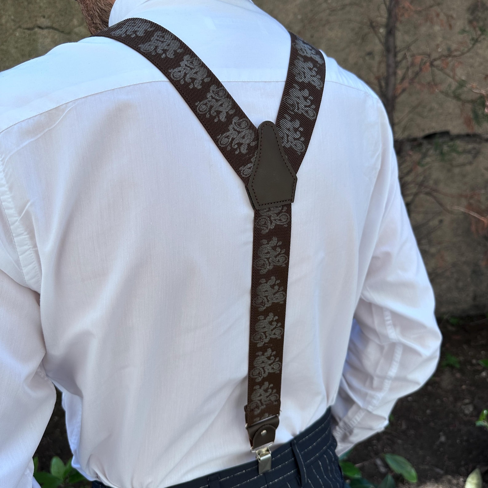 Baroque Floral Pattern Suspenders: Red & Brown Adjustable Leather ...