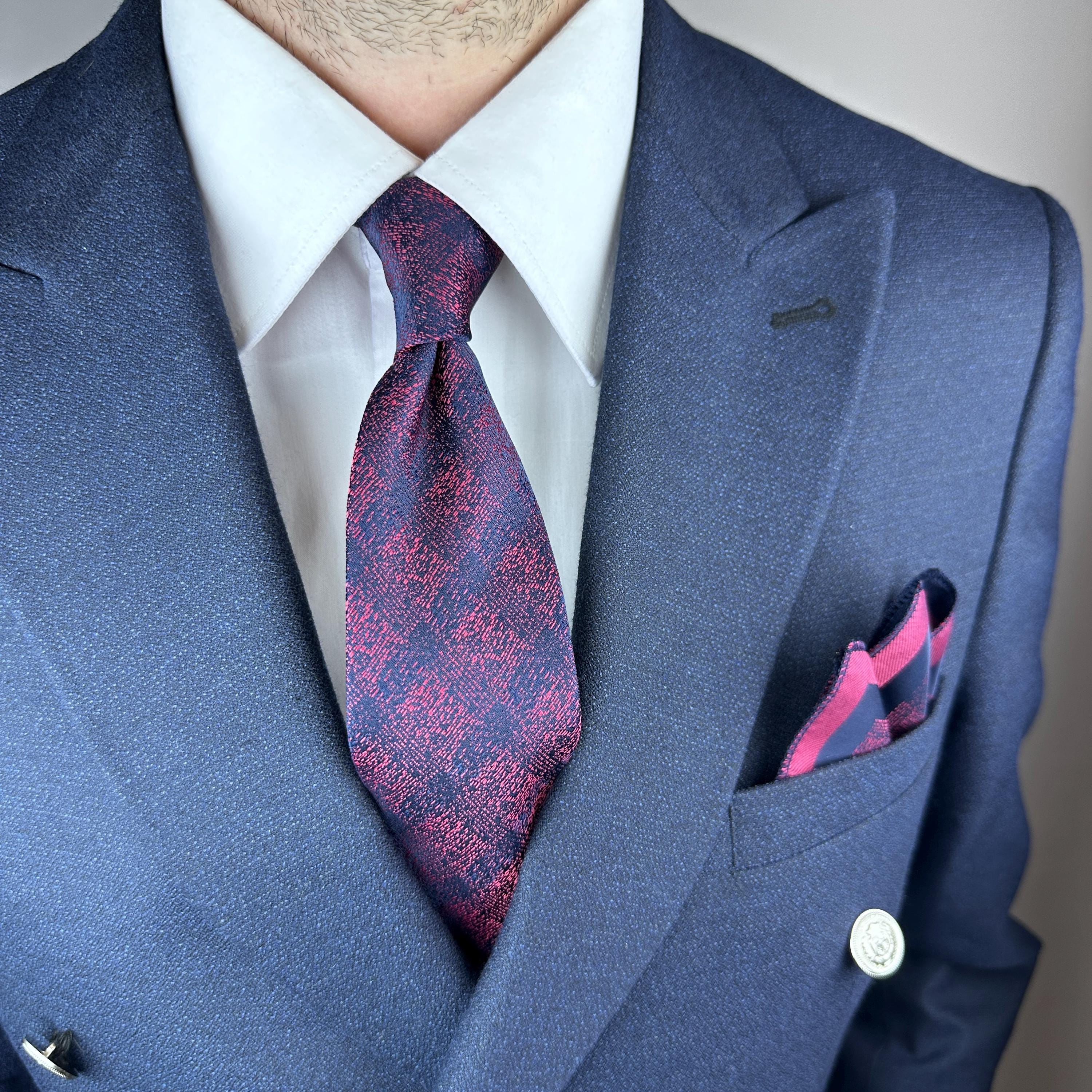 Handmade Silk Blend Tie Set: Navy and Magenta Pixel Check, Modern Grid ...