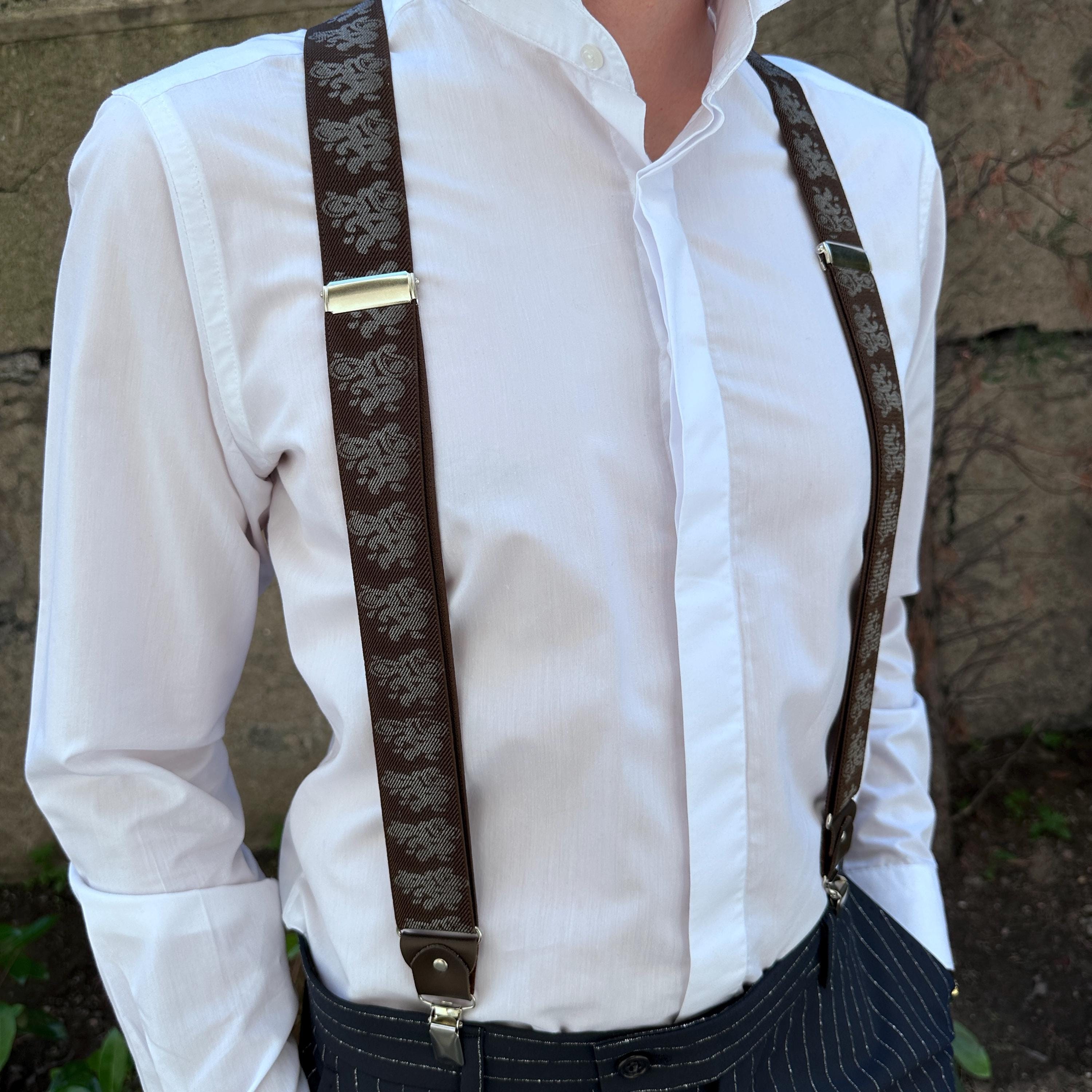 Baroque Floral Pattern Suspenders: Red & Brown Adjustable Leather ...