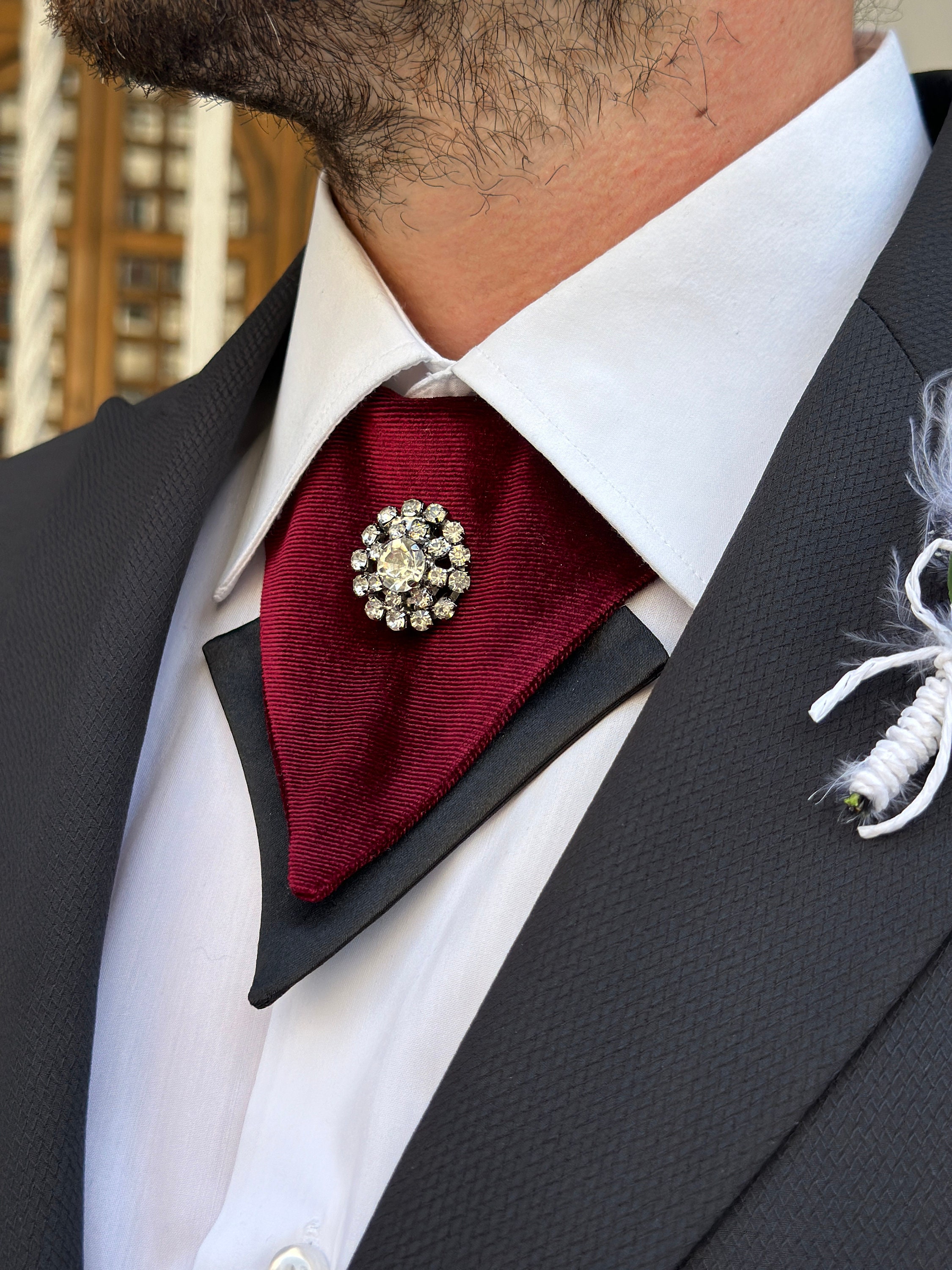 Handcrafted Diamond-cut Velvet Necktie: Luxury Black and Burgundy Groom ...