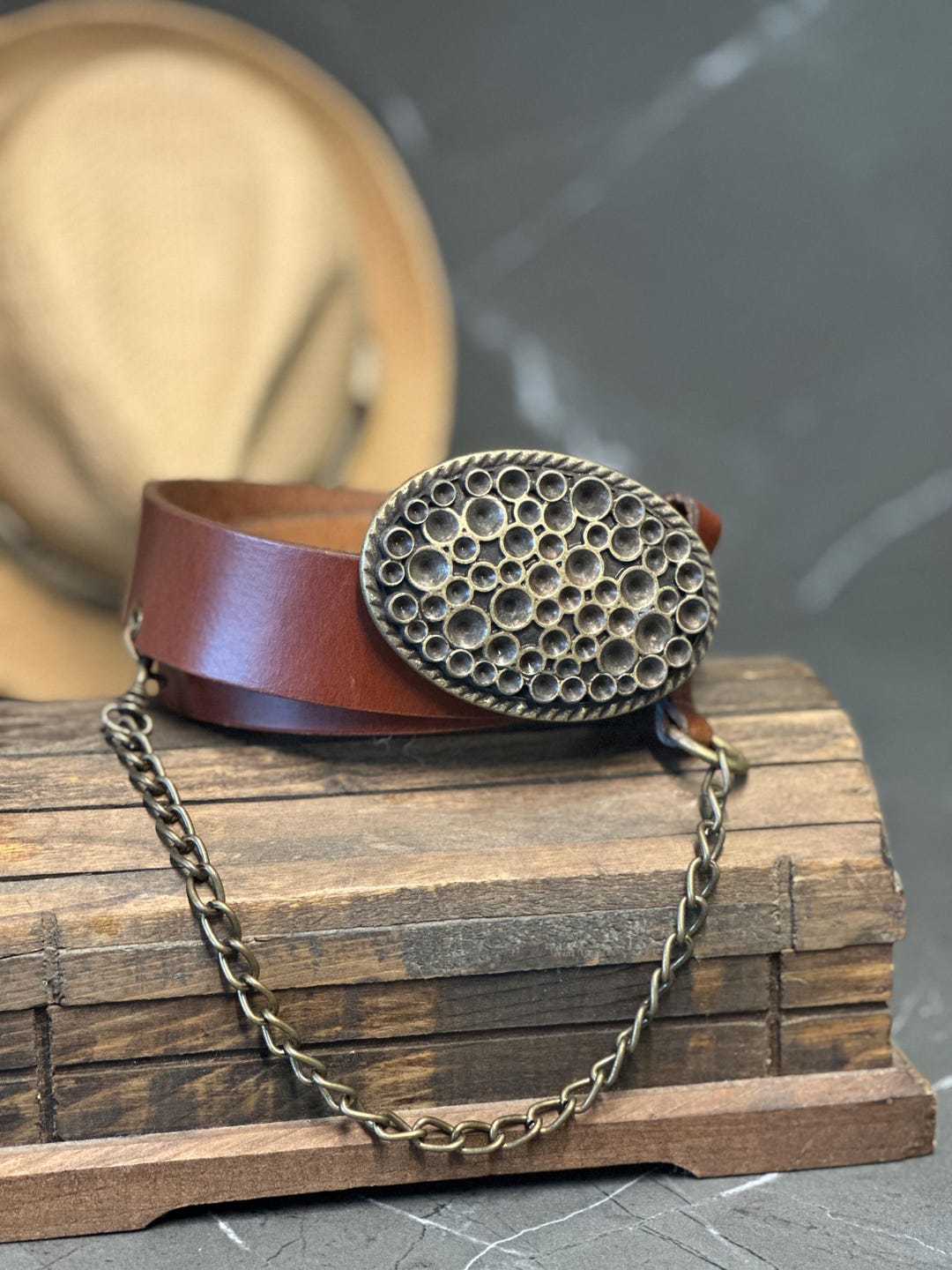 Artistic Leather Belt With Medallion Buckle & Chain. Perfect Retro Gift ...