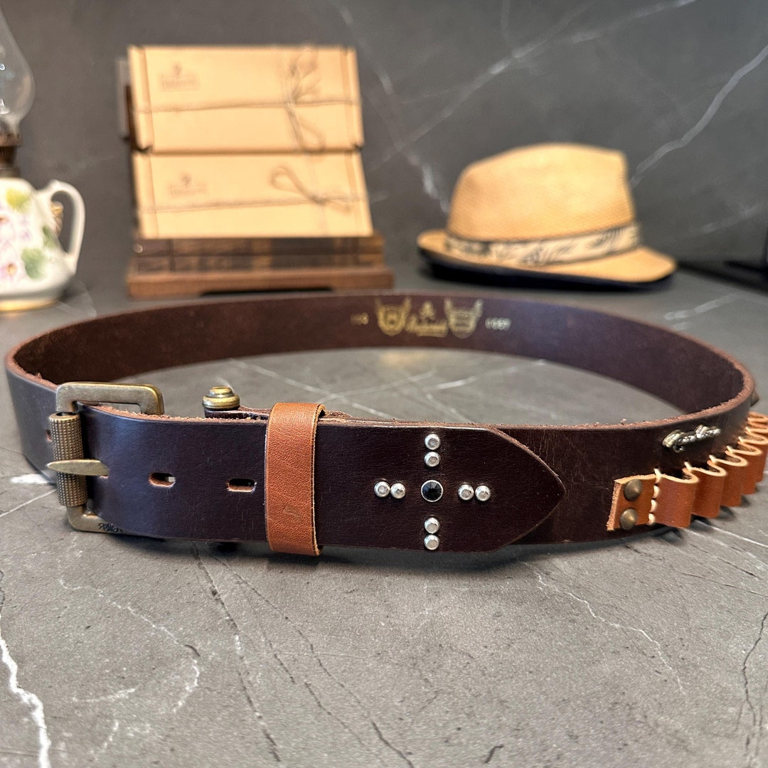 Rugged Bullet Cartridge Leather Belt for Men. Unique Retro Brown Belt ...