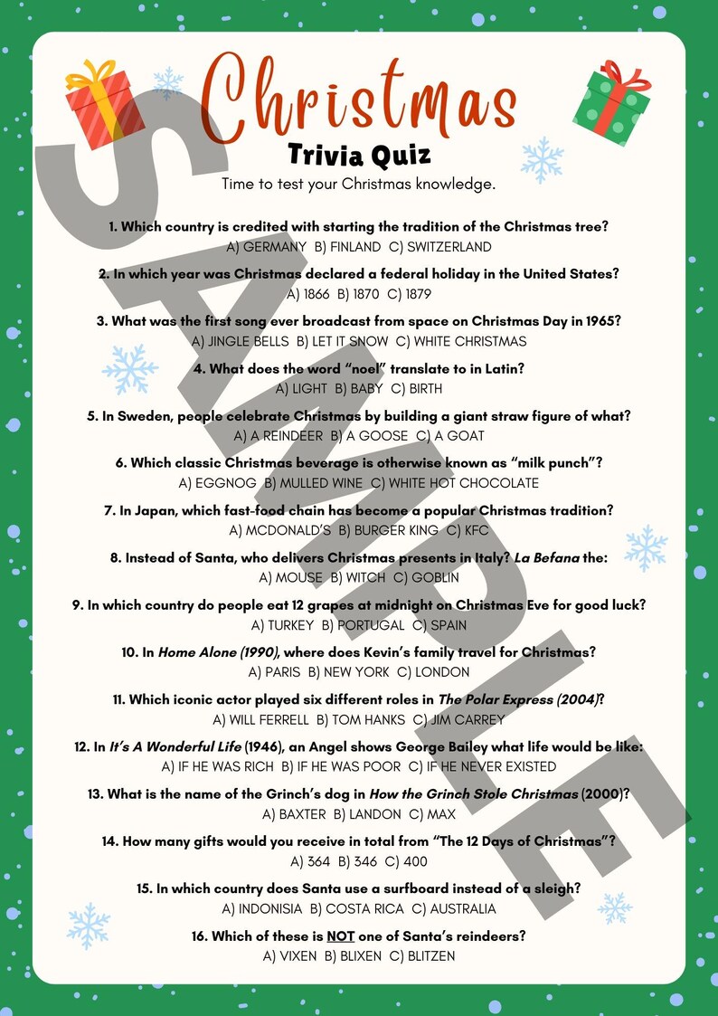 Christmas Trivia Game, Printable Trivia Quiz, Fun Christmas Games ...
