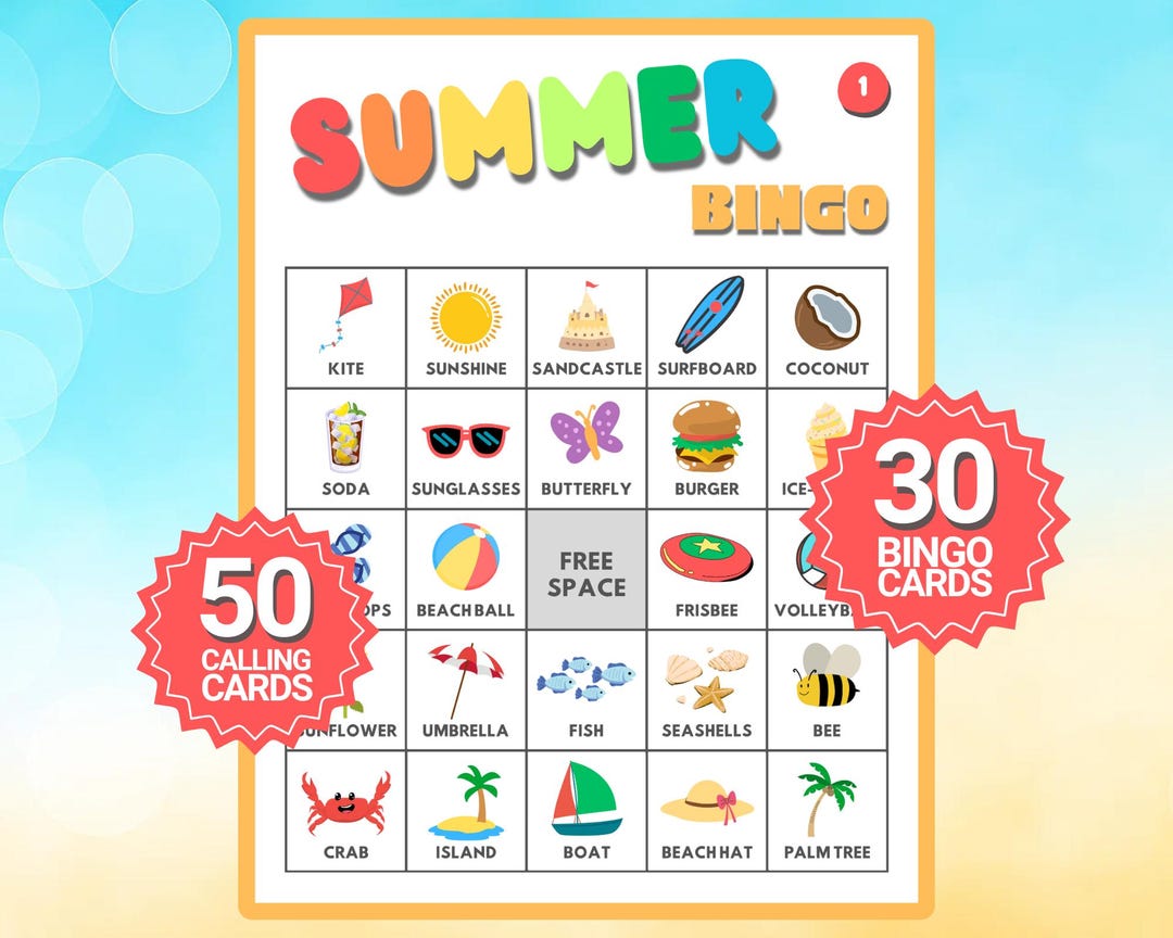 30 Summer Party Bingo Cards, Fun Printable Game, Birthday Summer Party ...