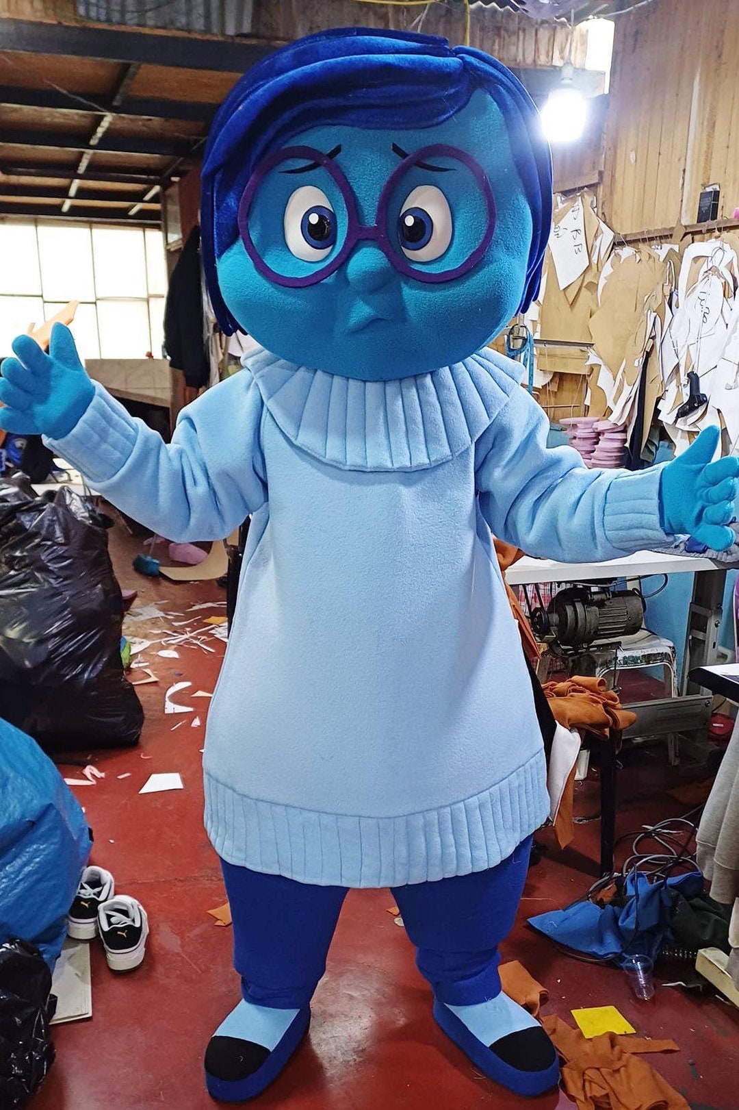 Blue Sadness Adult Party Mascot Costume With Glasses and Cozy Sweater ...