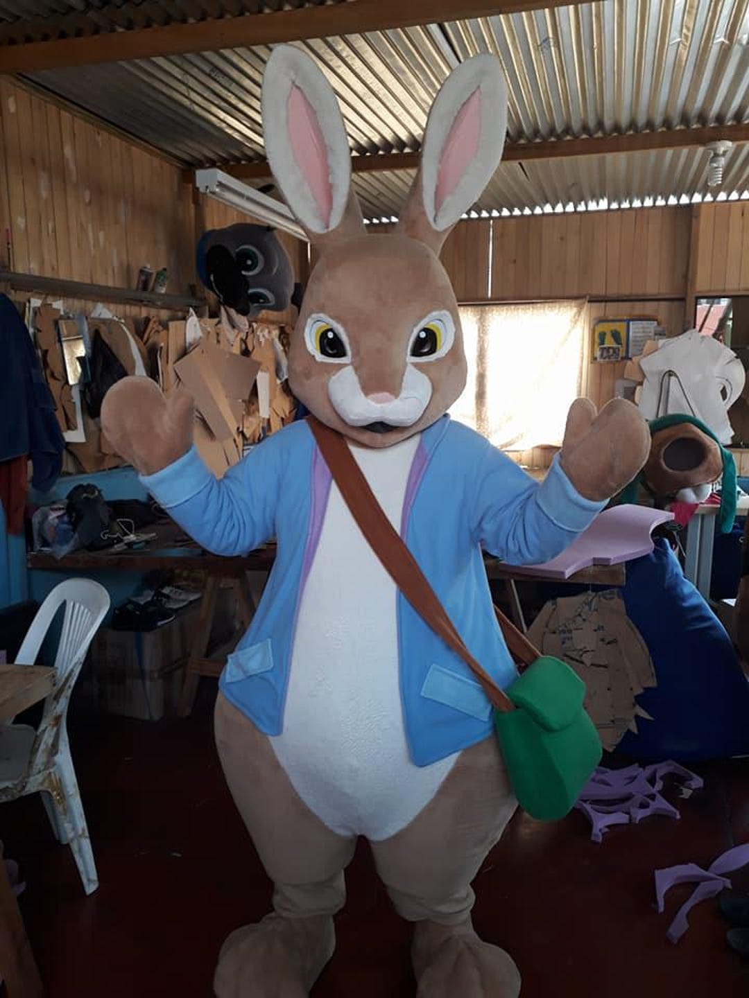 Brown Bunny Mascot Costume With Blue Jacket and Green Bag - Etsy