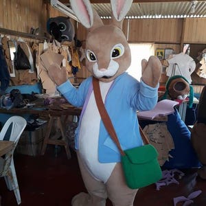 Brown Bunny Mascot Costume With Blue Jacket and Green Bag - Etsy