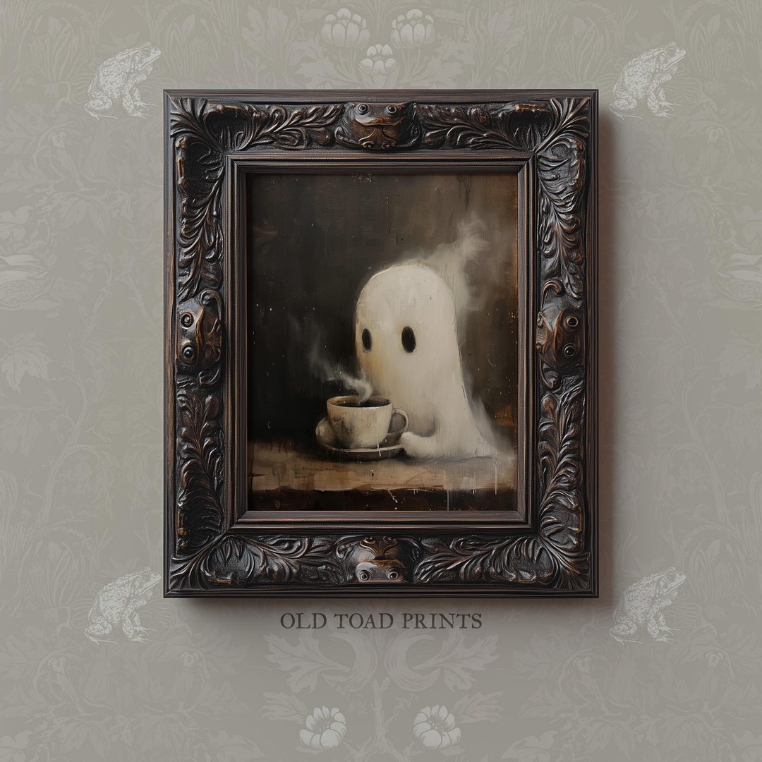 Little Spooky Cute Ghost Drinking Coffee Halloween Ghost Coffee Bar Art ...