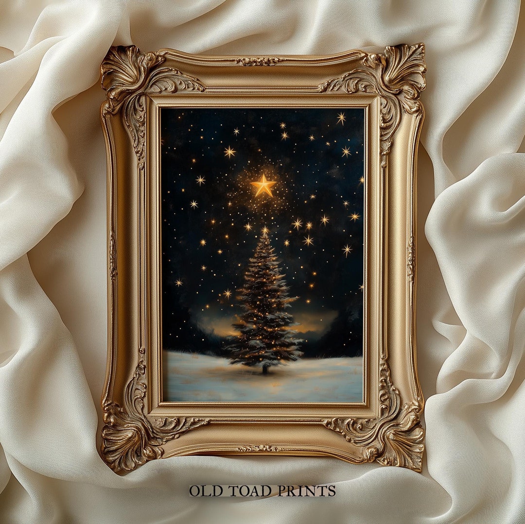 Moody Christmas Tree Starry Night Print, Snowy Christmas House Decor ...