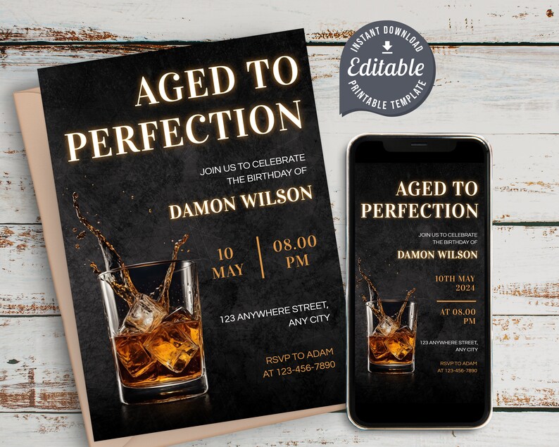 Editable Men's Black Whiskey Birthday Invitation, Instant Download ...