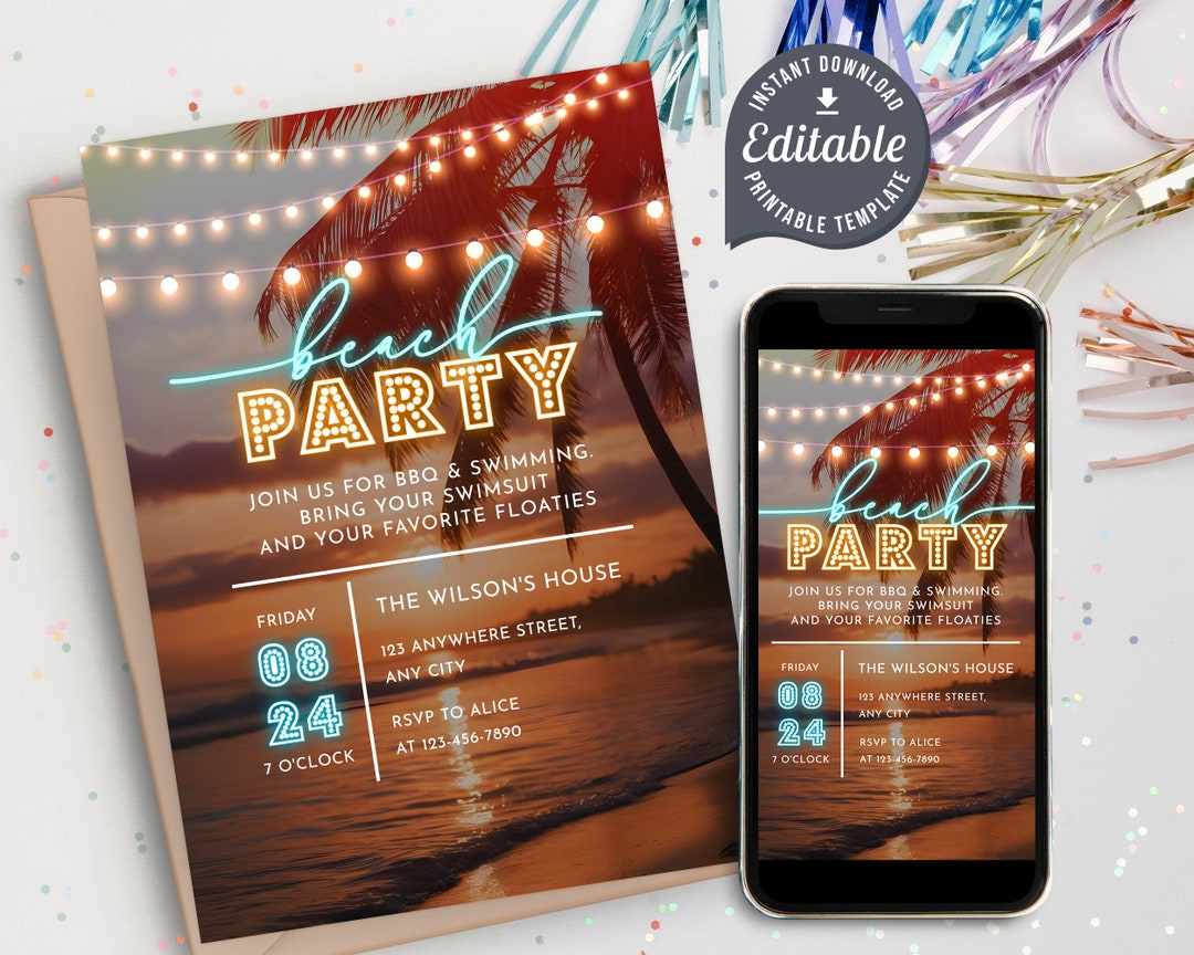 Editable Tropical Beach Party Invitation Instant Download Printable ...